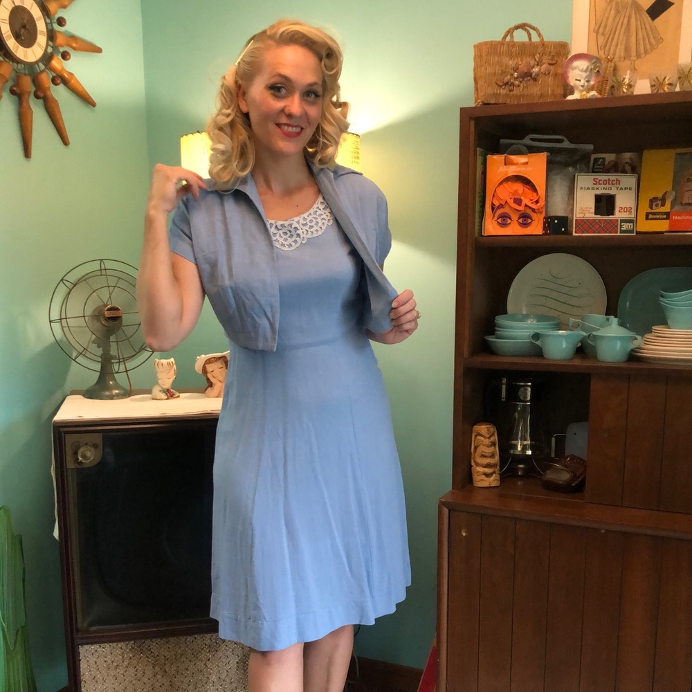 Vintage 1950s Dusty Blue Linen Dress & Bolero - Gem